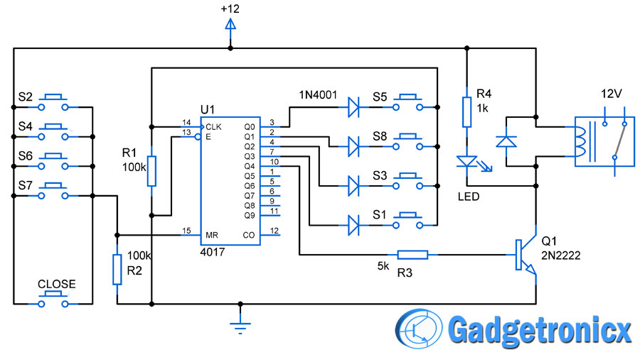 Simple Code Locker Circuit Using CD4017 Gadgetronicx