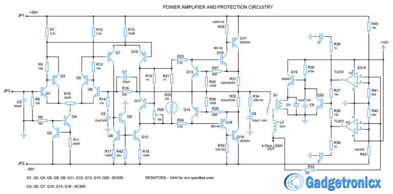 50W DIY Hi-Fi Audio Amplifier with Protection Circuitry - Gadgetronicx